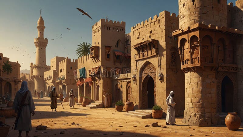 Ancient Middle Eastern Town with Historic Buildings and Tower at Sunset ...