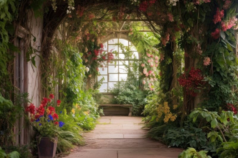 Ancient Monastery Archway Covered in Ivy and Vibrant Flowers Stock ...