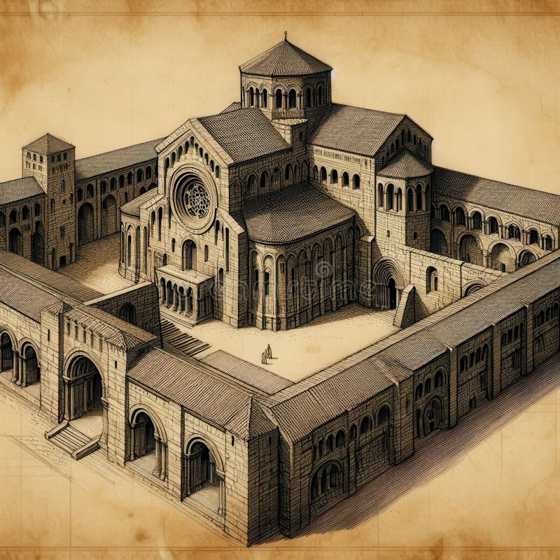 Medieval Monastic Structure on Aged Parchment Stock Illustration ...