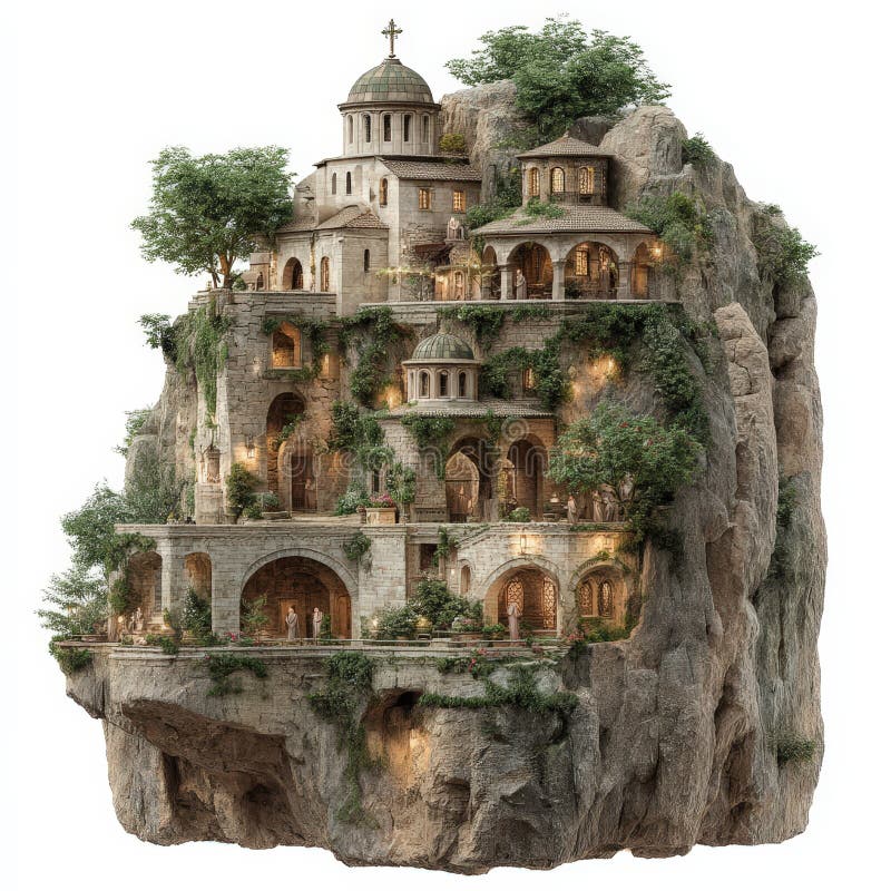 Ancient Monastery on a Rock Cliff, Fantasy Architecture Stock ...