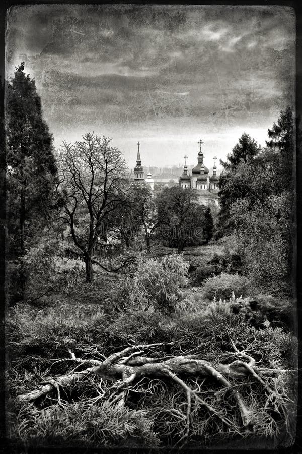 The Ancient Monastery and Tree Roots in a Photo Made in Vintage Style ...