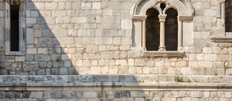 Ancient Brick Building with Arched Windows, Casting Shadows on the ...