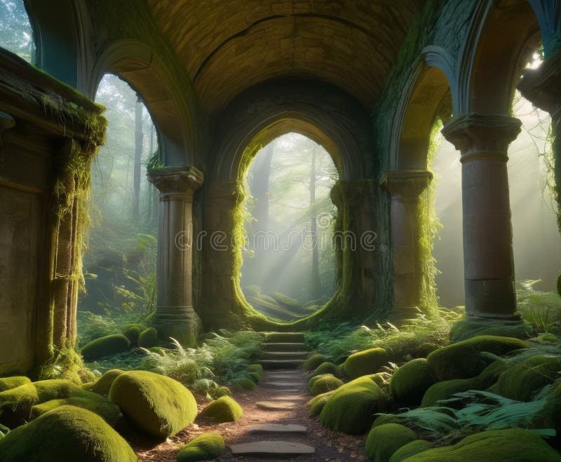 Ancient Moss-Covered Ruins in Forest Stock Photo - Image of lush ...