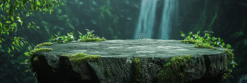 Ancient Moss-Covered Stone Platform by a Cascading Waterfall in a Mist ...