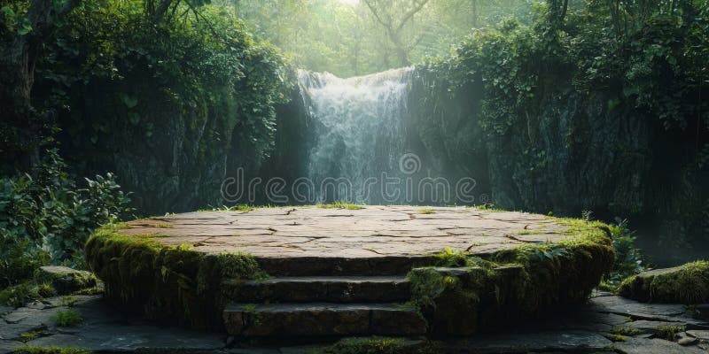Ancient Moss-Covered Stone Platform by a Cascading Waterfall in a Mist ...