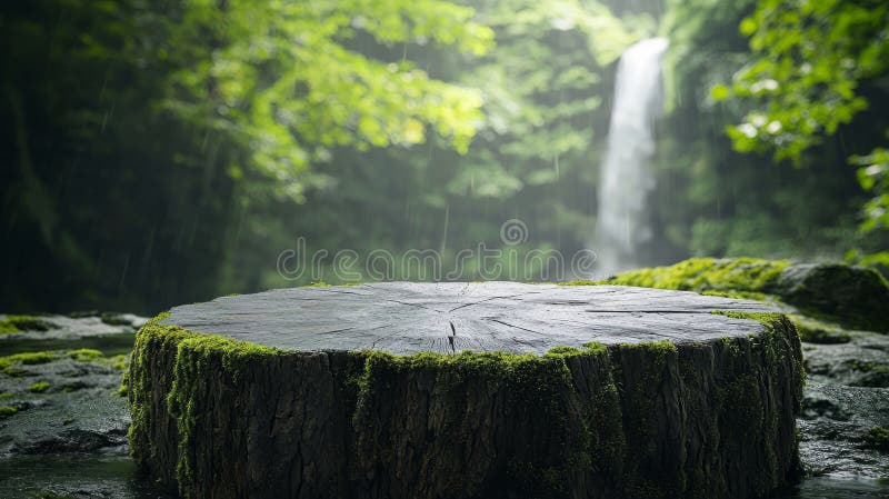Ancient Moss-Covered Stone Platform by a Cascading Waterfall in a Mist ...