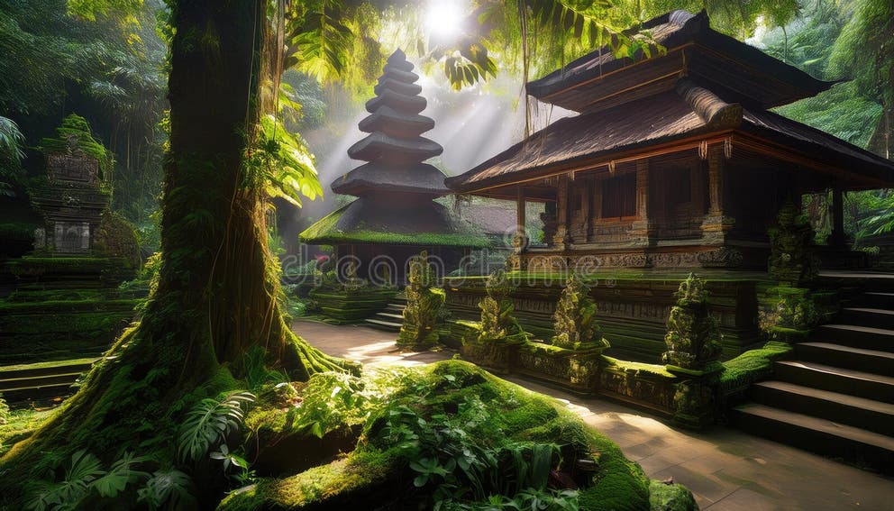 Ancient Moss-covered Temple in a Dense Rainforest with Sun Rays ...