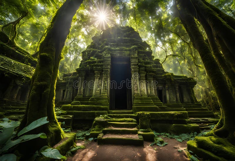 Ancient Moss-covered Temple Ruins in a Dense Forest Stock Illustration ...