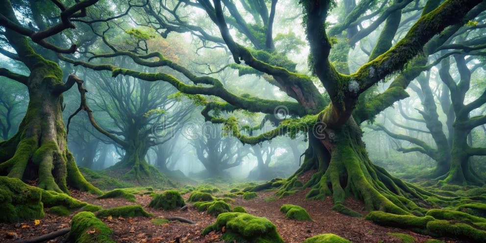Ancient Moss-draped Trees in a Misty Forest Scene. Generative AI Stock Illustration ...