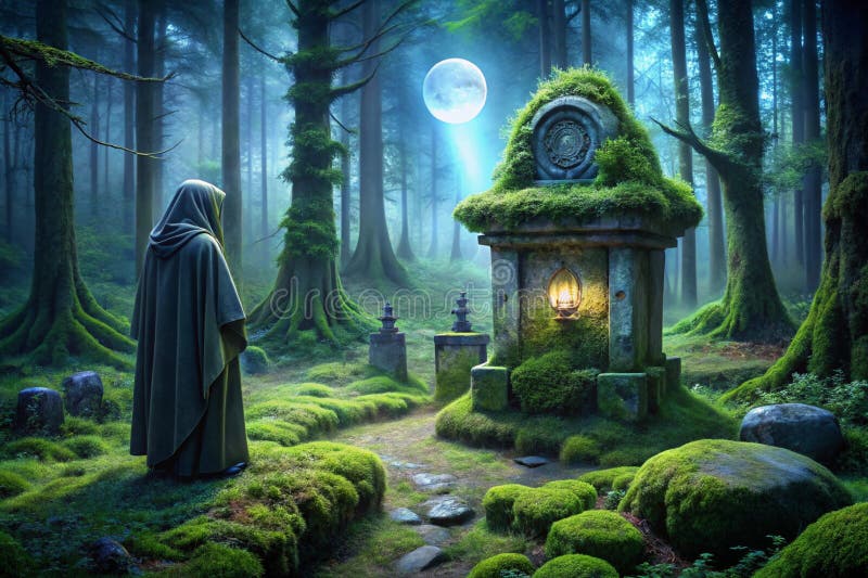 Ancient Mosscovered Altar in a Magical Forest Surrounded by Trees and ...