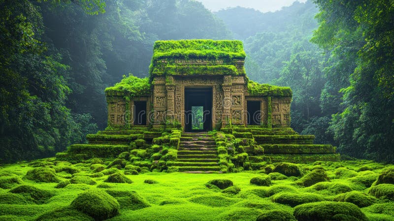 Ancient Mossy Temple Nestled in Lush Rainforest Stock Illustration ...