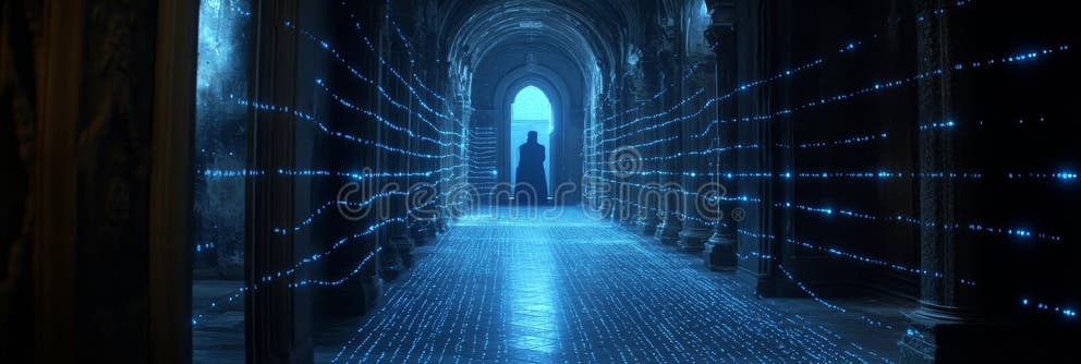 Ancient Museum Illuminated. Network Lines Create 3D Effect in Hallway with Lonely Human ...