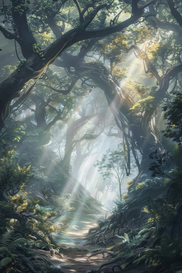 Ancient Mystical Forest with Towering Trees, Misty Paths, and Sunlight ...