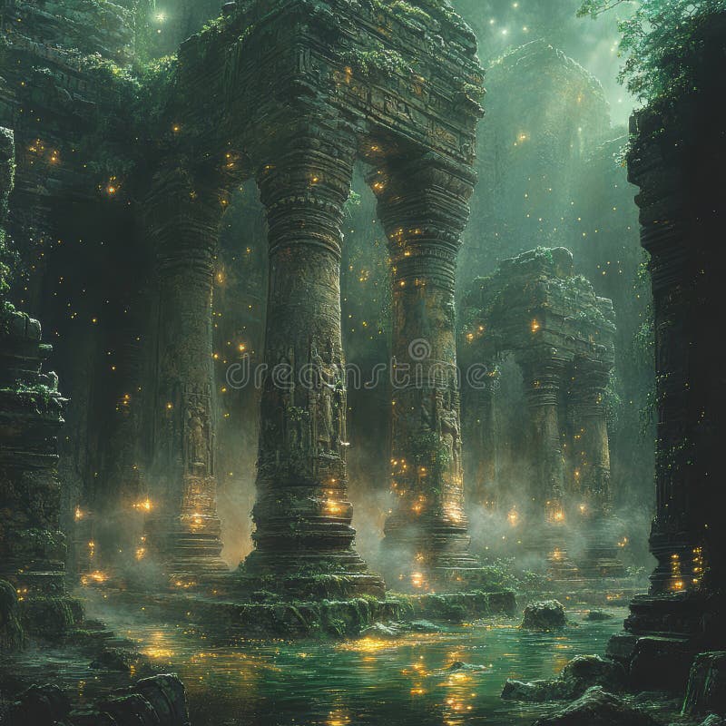 An Ancient, Mystical Ruin with Weathered Stone Pillars, a Reflective ...