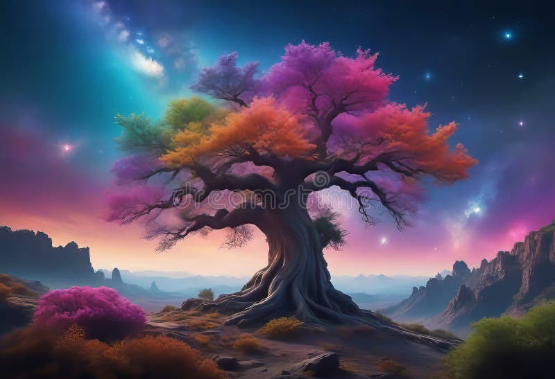 Ancient Mythical Tree Spreading Its Branches in Front of a Colorful ...