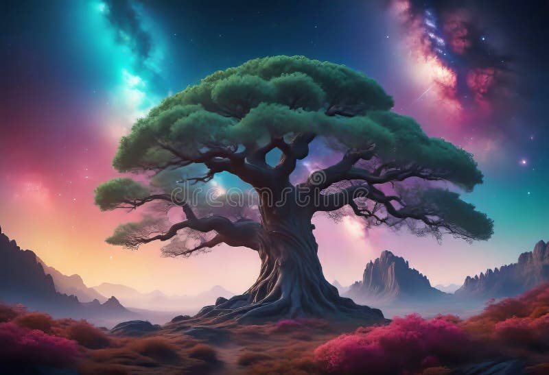 Ancient Mythical Tree Spreading Its Branches in Front of a Colorful ...