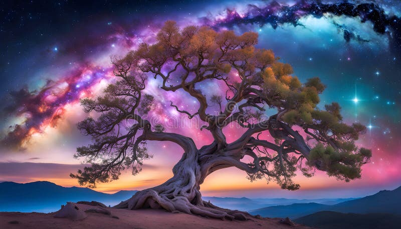 Ancient Mythical Tree Spreading Its Branches in Front of a Colorful ...