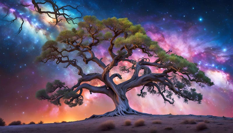 Ancient Mythical Tree Spreading Its Branches in Front of a Colorful ...