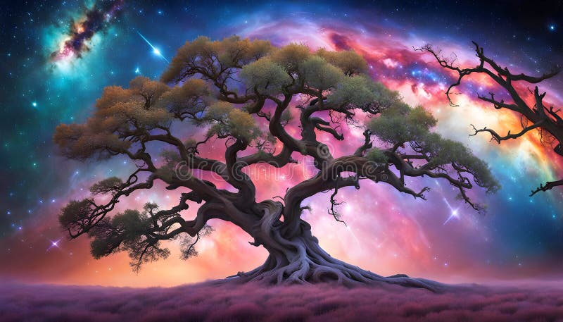 Ancient Mythical Tree Spreading Its Branches in Front of a Colorful ...