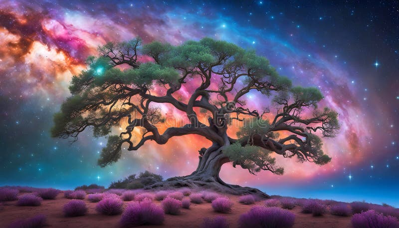 Ancient Mythical Tree Spreading Its Branches in Front of a Colorful ...