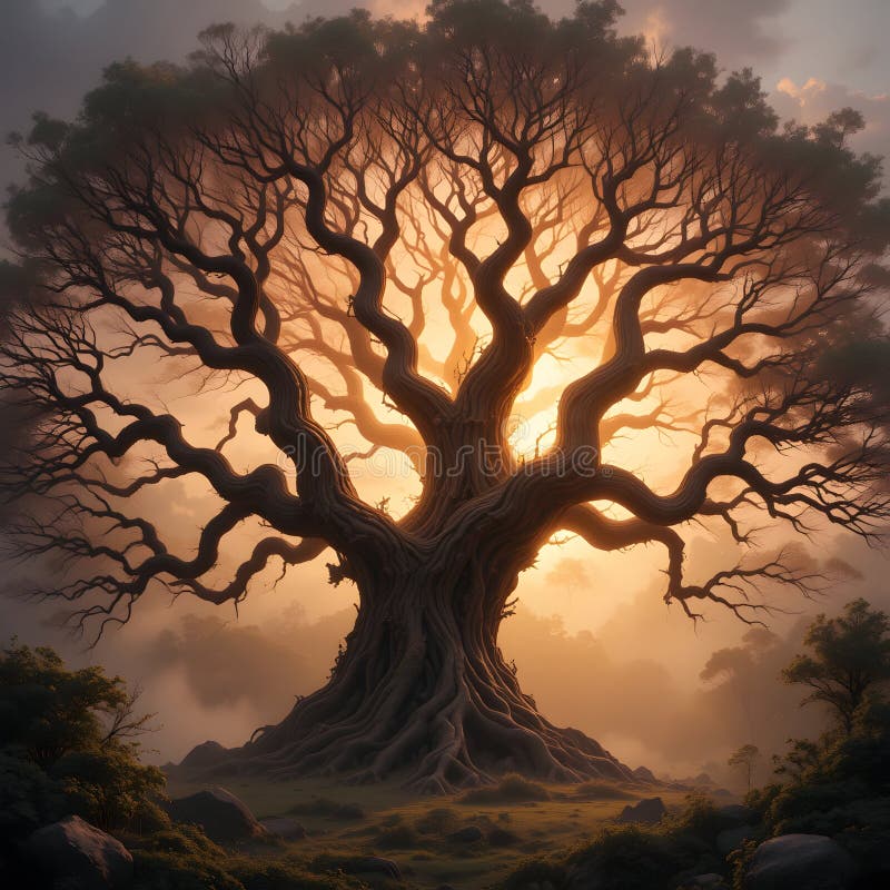 Ancient Oak, Illuminated Branches, Mystical Glow Stock Photo - Image of ...