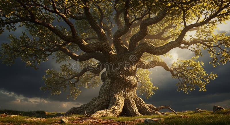 Ancient Oak: Majestic Tree in Dramatic Sunlight Stock Illustration ...