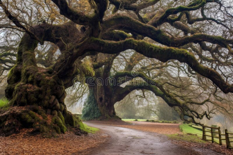 Ancient Oak Tree Arching Over a Quiet Path Stock Illustration ...