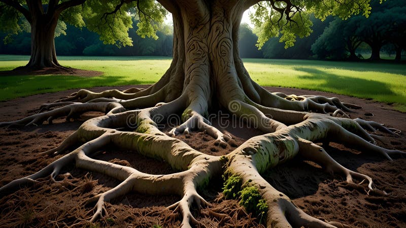 Ancient Oak Tree with Celtic Knot Roots Intertwining Beneath the Ground ...