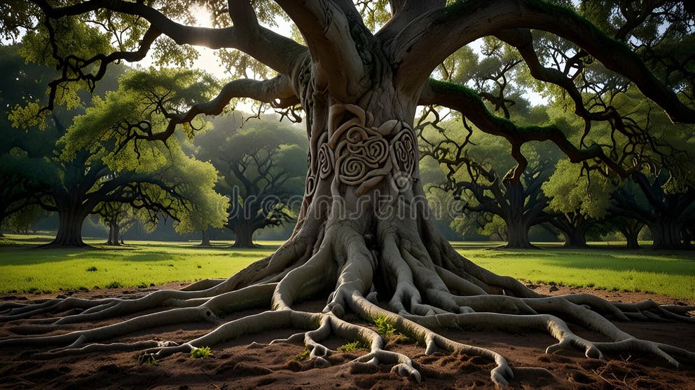 Ancient Oak Tree with Celtic Knot Roots Intertwining Beneath the Ground ...