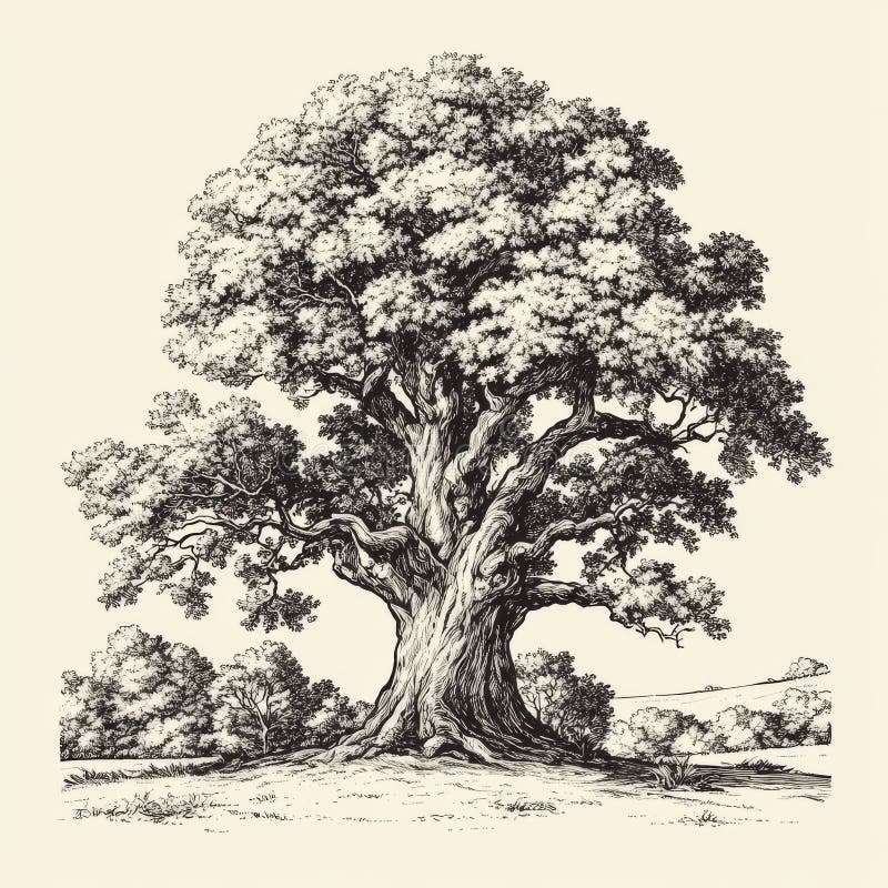 Ancient Oak Tree with a Dense Canopy and a Vast Root System Sketch ...