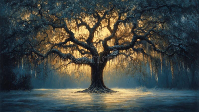 An Ancient Oak Tree with a Large Canopy and Long Branches, Silhouetted ...