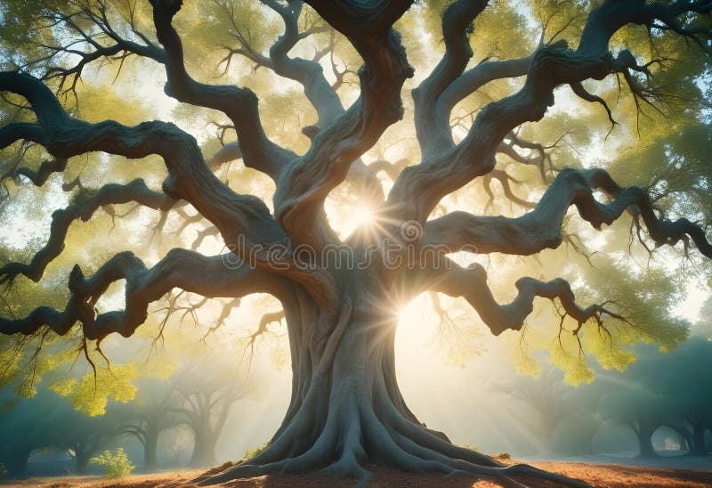 Ancient Oak Tree with Massive Roots Bathed in Warm Sunlight ...