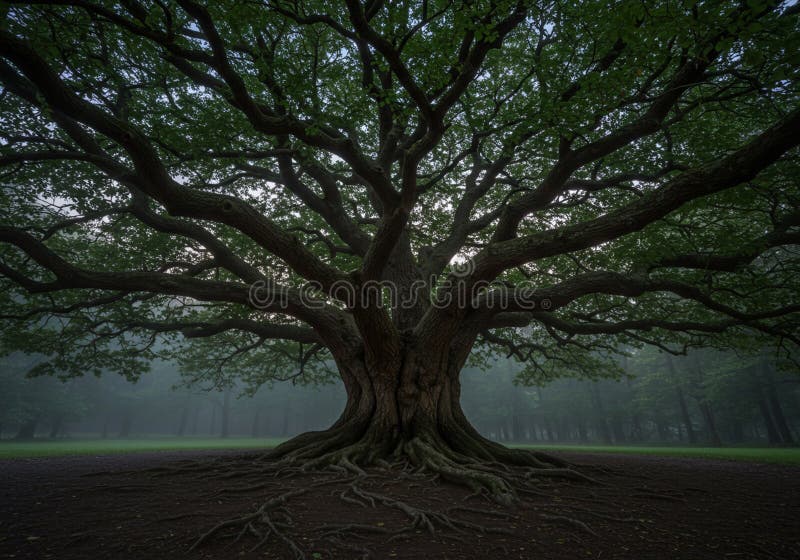 Ancient Oak Tree in Misty Forest Stock Illustration - Illustration of ...