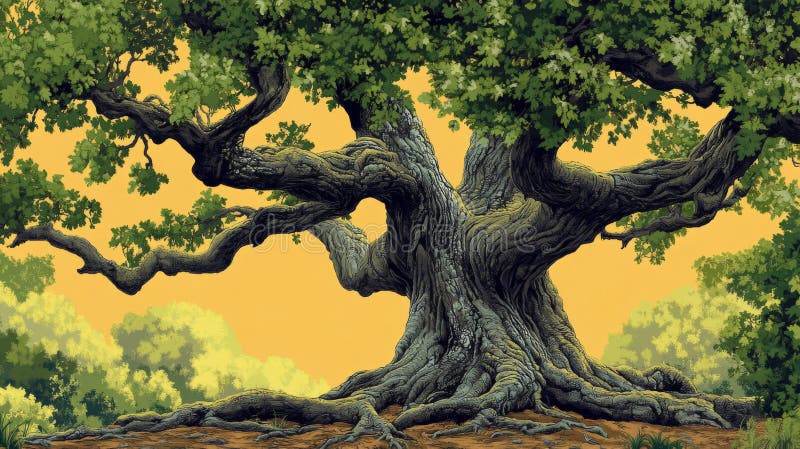 Ancient Oak Tree in Pixel Art Style Stock Illustration - Illustration ...