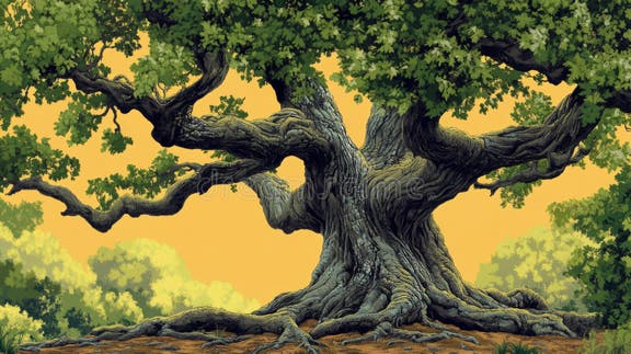 Ancient Oak Tree in Pixel Art Style Stock Illustration - Illustration ...