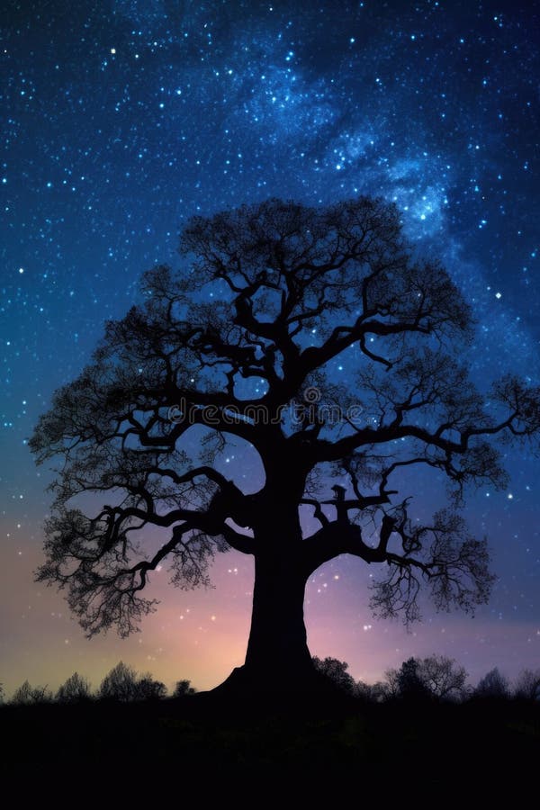 Ancient Oak Tree Silhouetted Against a Dramatic Sunset Sky Stock ...