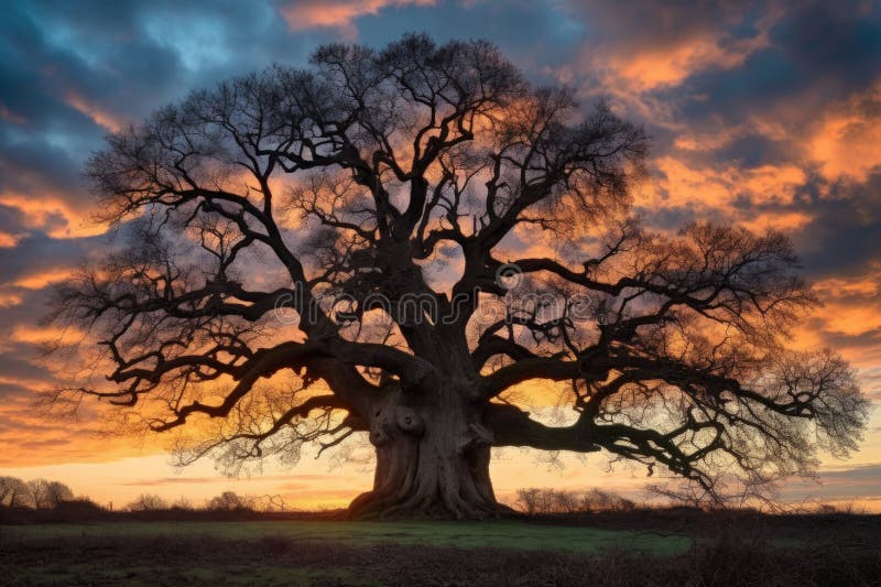 Ancient Oak Tree Silhouetted Against a Dramatic Sunset Sky Stock ...