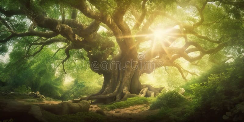 Ancient Oak Tree in Summer Forest. Generative AI Illustration Stock ...