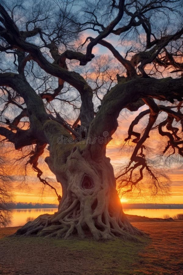 Ancient Oak Tree with Twisted Branches at Sunset Stock Photo - Image of ...