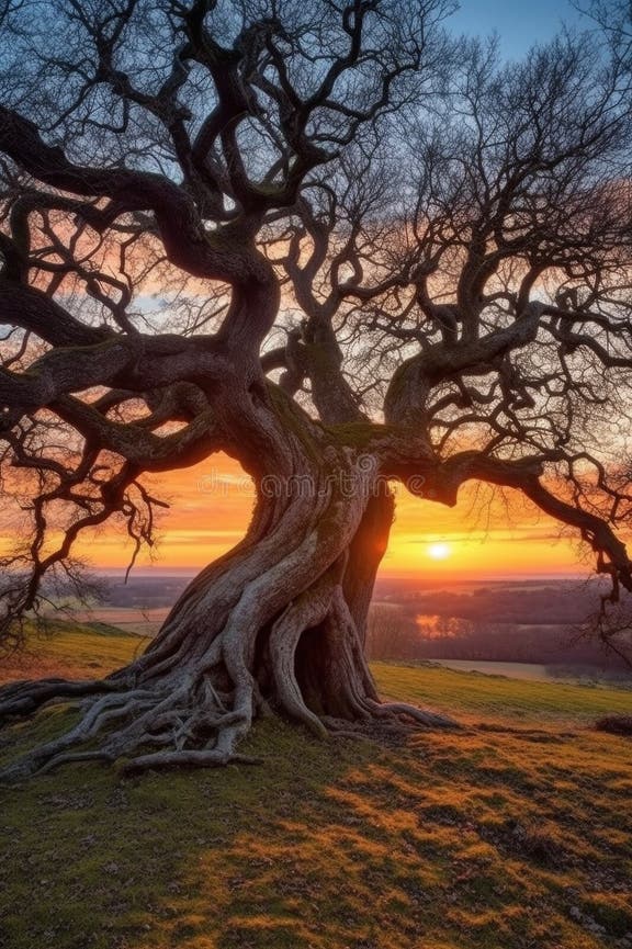 Ancient Oak Tree with Twisted Branches at Sunset Stock Illustration ...
