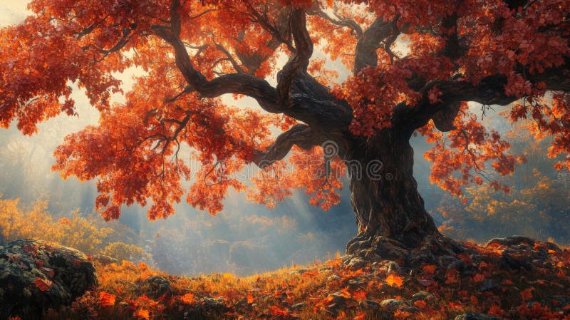 An Ancient Oak Tree with Vibrant Autumn Foliage in a Misty Forest Stock ...
