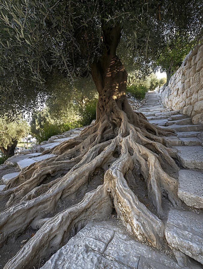 Ancient Olive Tree Roots Grip Stone Steps on Historic Path Stock Illustration - Illustration of ...