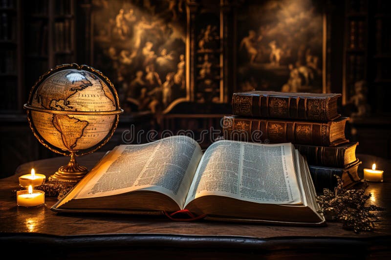 An Ancient Open Book in the Library on the Table Near the Globe in the ...