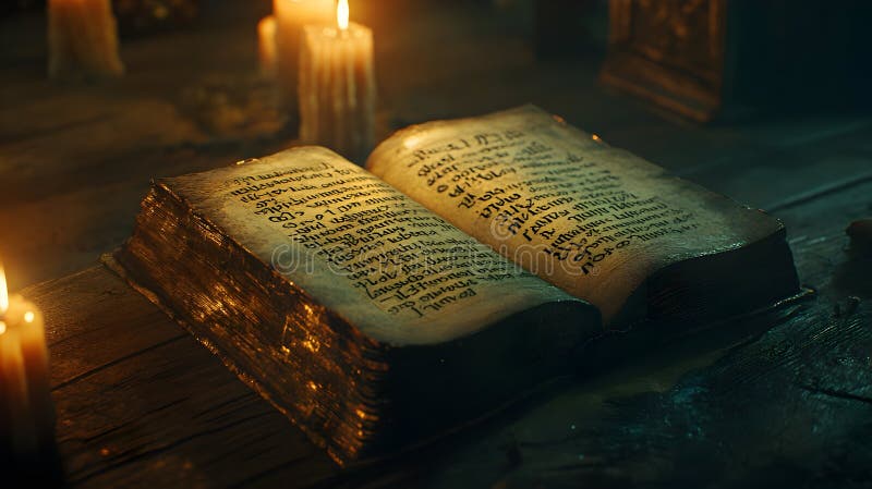 Ancient Open Book with Mysterious Texts Illuminated by Candlelight ...