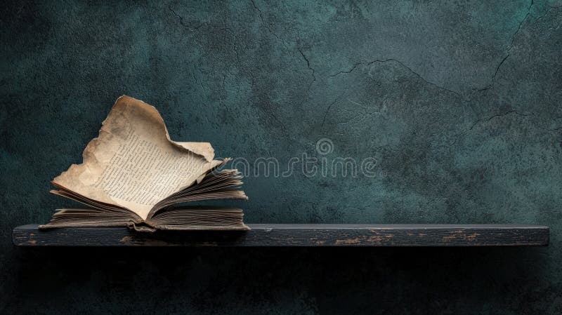 Ancient Open Book Resting on a Rustic Shelf Against a Textured Teal ...