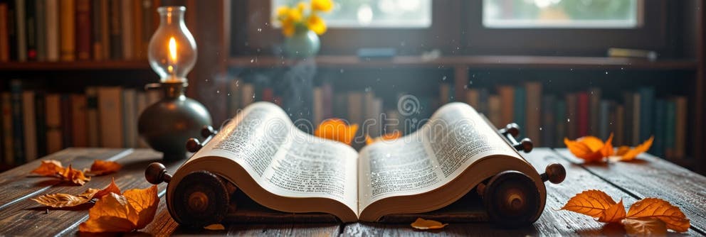 Ancient Open Book on Wooden Table in Cozy Room with Autumn Leaves and ...