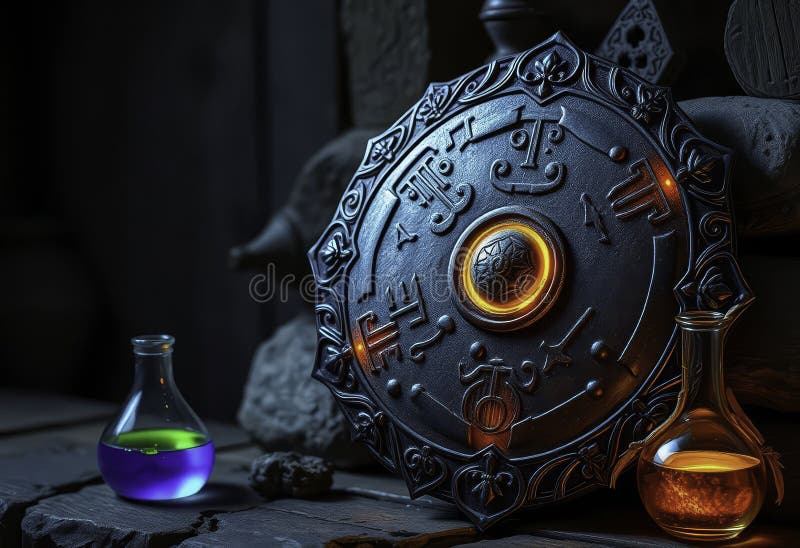 Ancient, Ornate Shield with Glowing Runes, beside Bubbling Potion Vial ...