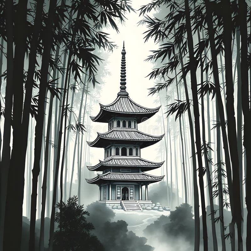 Ancient Pagoda Surrounded by Bamboo Forest, Ink Painting Style Stock ...