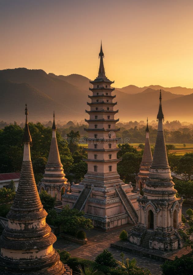 Ancient Pagodas at Sunrise in Myanmar Stock Illustration - Illustration ...