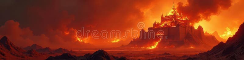 Ancient Palace Engulfed in Flames, Fiery Inferno Backdrop, Shadow ...